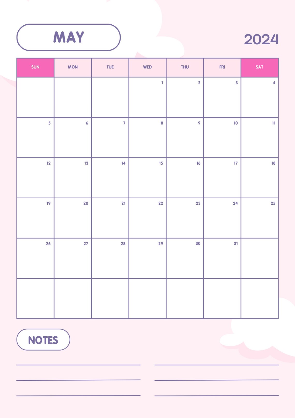 Pastel Pink Cute Illustrative 2024 With Notes Calendar A4 PDF 2024 ...