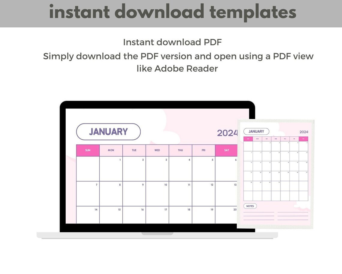 Pastel Pink Cute Illustrative 2024 With Notes Calendar A4 PDF 2024 ...