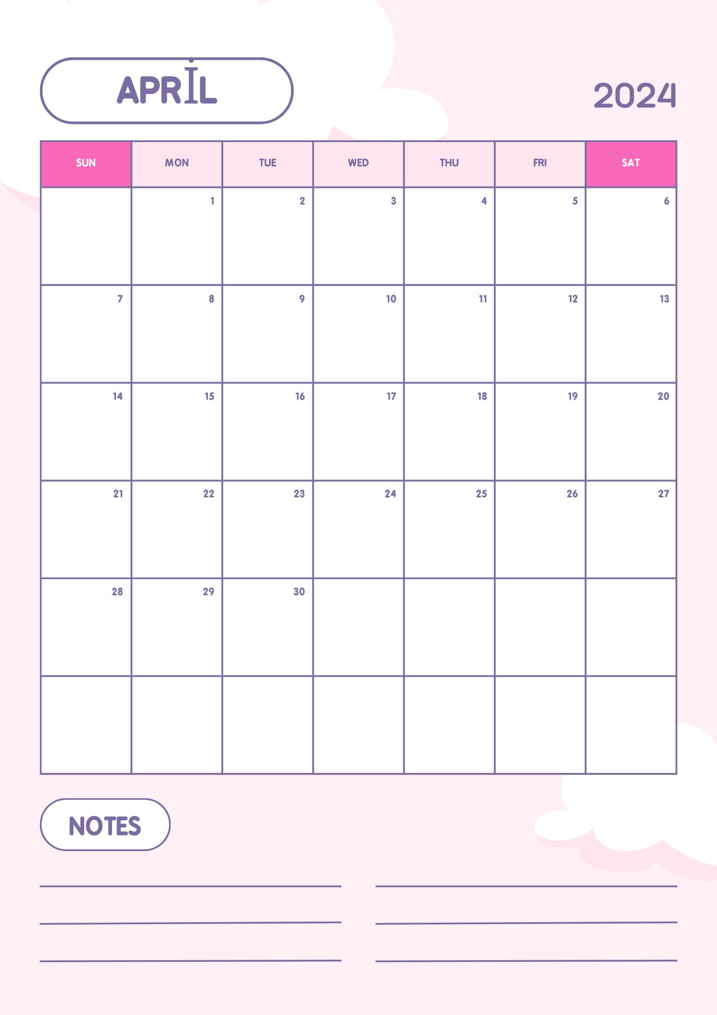 Pastel Pink Cute Illustrative 2024 With Notes Calendar A4 PDF 2024 ...