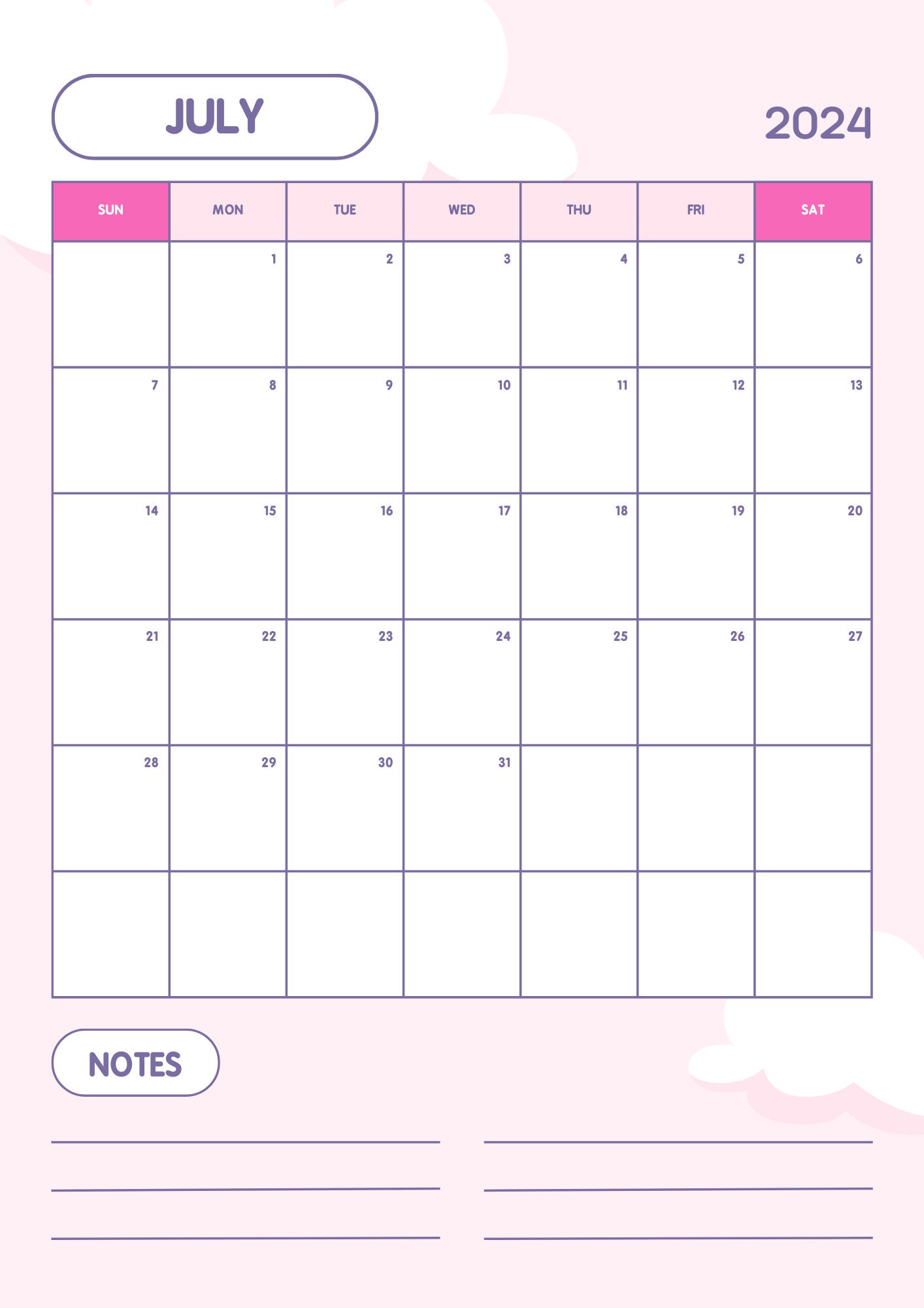 Pastel Pink Cute Illustrative 2024 With Notes Calendar A4 PDF 2024 ...
