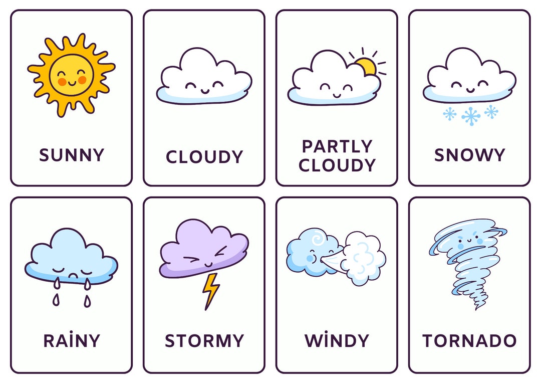 White Colorful Cartoon Weather Flashcards - Etsy