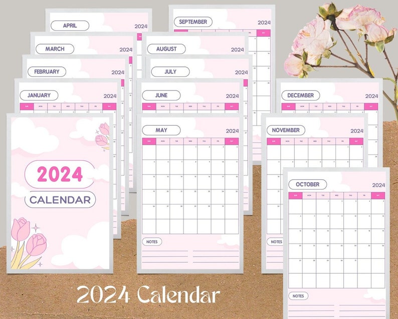 Pastel Pink Cute Illustrative 2024 With Notes Calendar A4 PDF 2024 ...