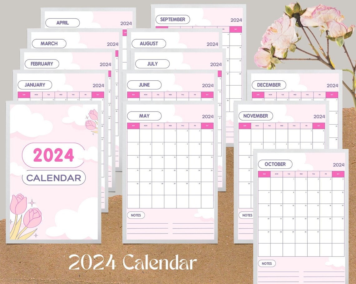 Pastel Pink Cute Illustrative 2024 With Notes Calendar A4 PDF 2024 ...