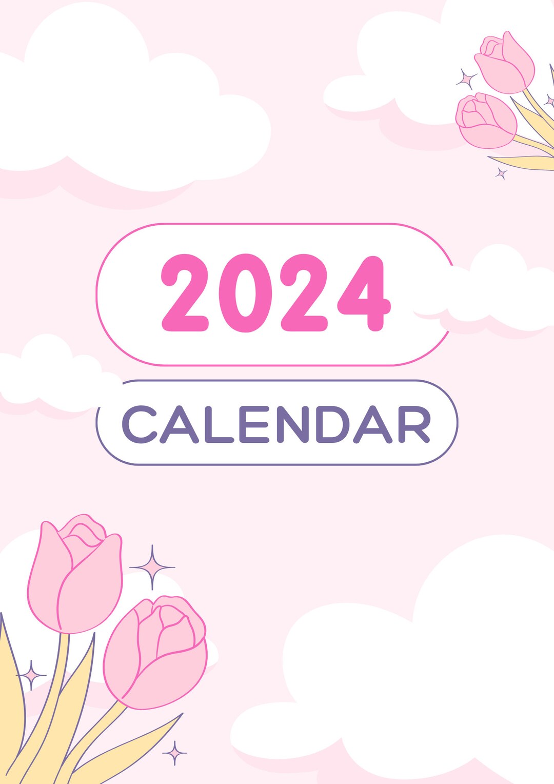 Pastel Pink Cute Illustrative 2024 With Notes Calendar A4 PDF 2024 ...