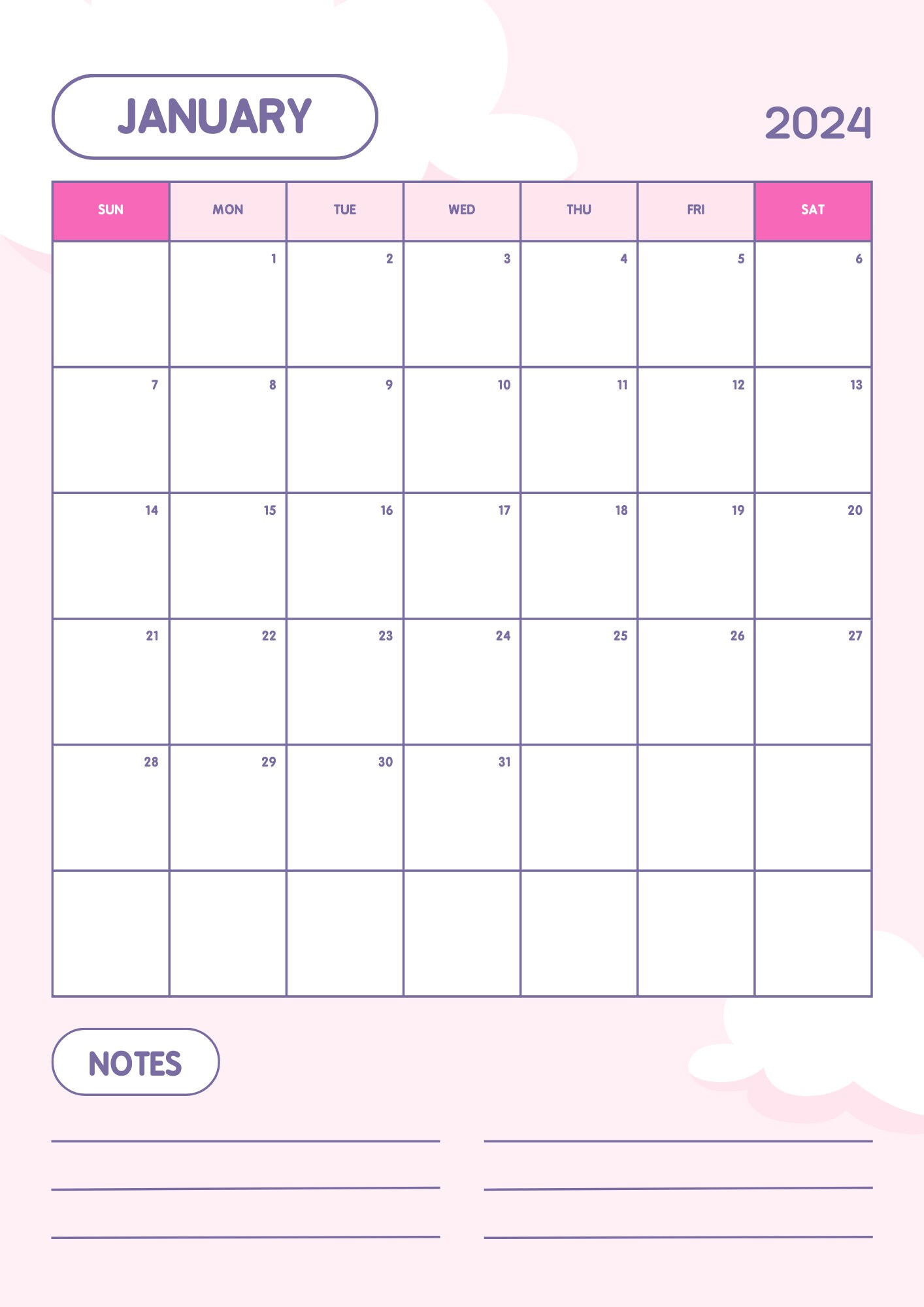 Pastel Pink Cute Illustrative 2024 With Notes Calendar A4 PDF 2024 ...