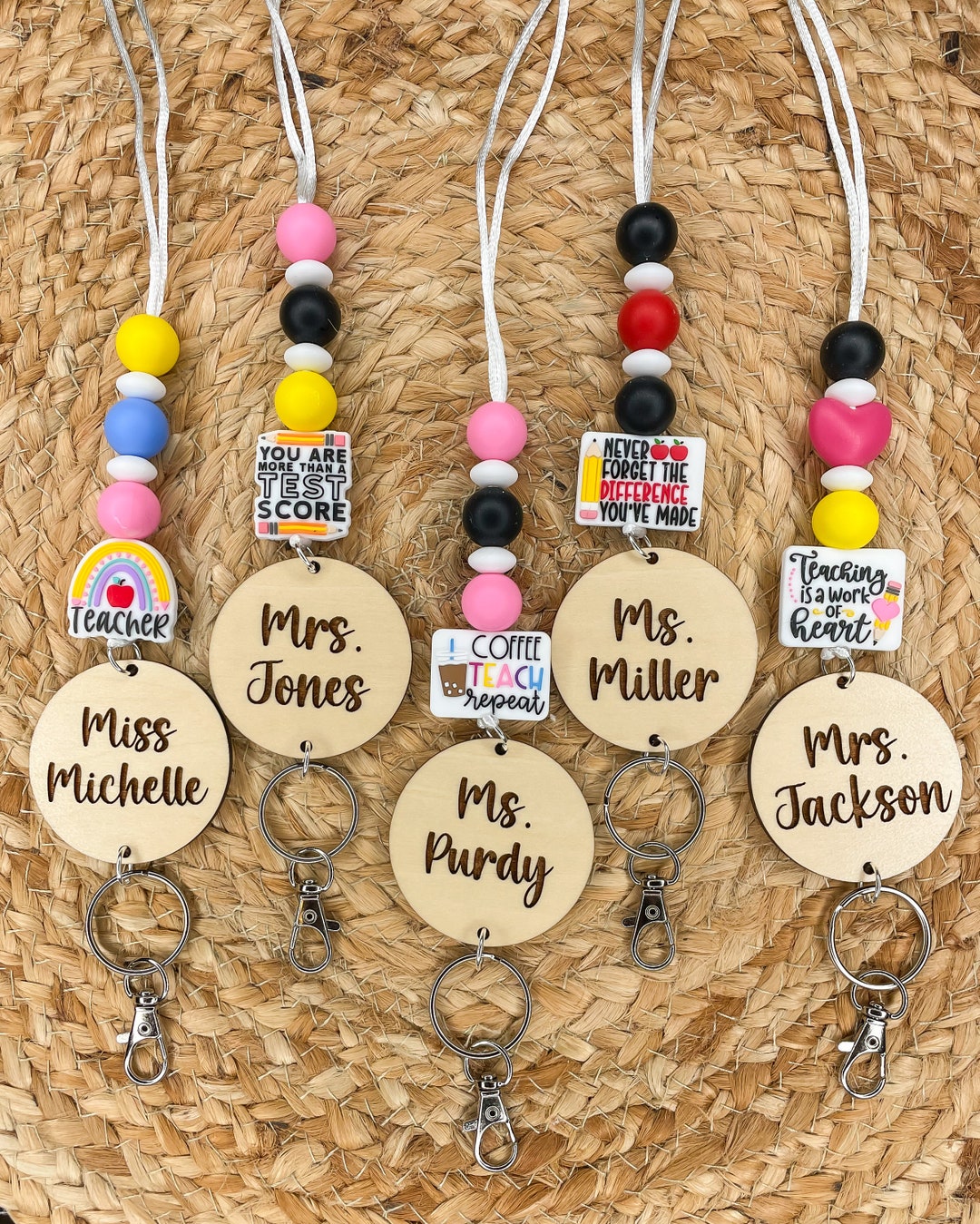 Cute Teacher Beaded Lanyards, Engraved Name on Wood Key ID Badge Holder ...