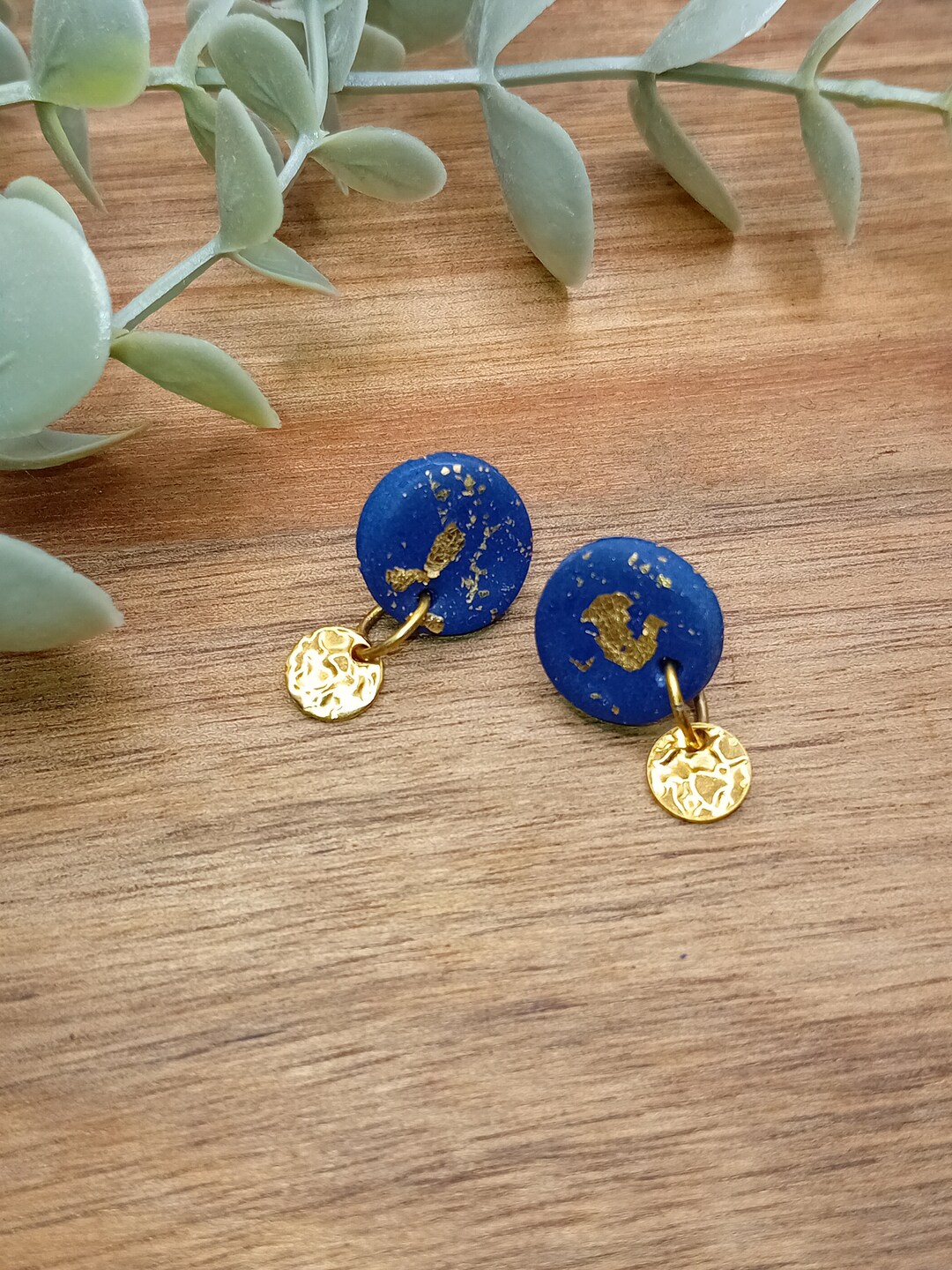 Navy and Gold Leaf Polymer Clay Studs/hammered Gold Coin/ladies ...