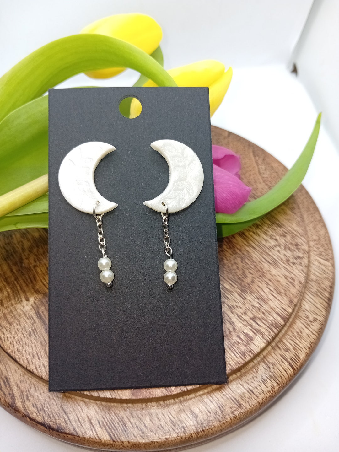 Iridescent Moons/chain/pearls/polymer Clay/resin Topcoat/cute Statement ...