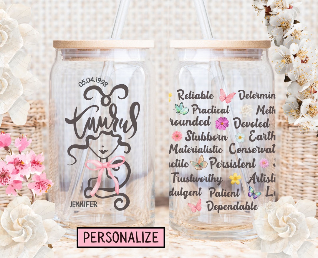 Personalized Coquette Taurus Glass Tumbler, Custom Zodiac Sign ...