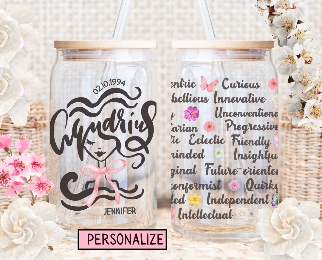Personalized Coquette Aquarius Glass Tumbler, Custom Zodiac Sign ...