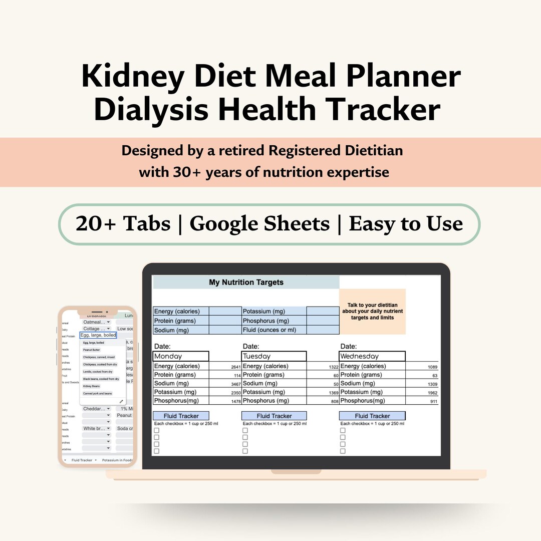 Kidney Care Spreadsheet Dialysis Diet Planner Nutrition Tracker Health ...