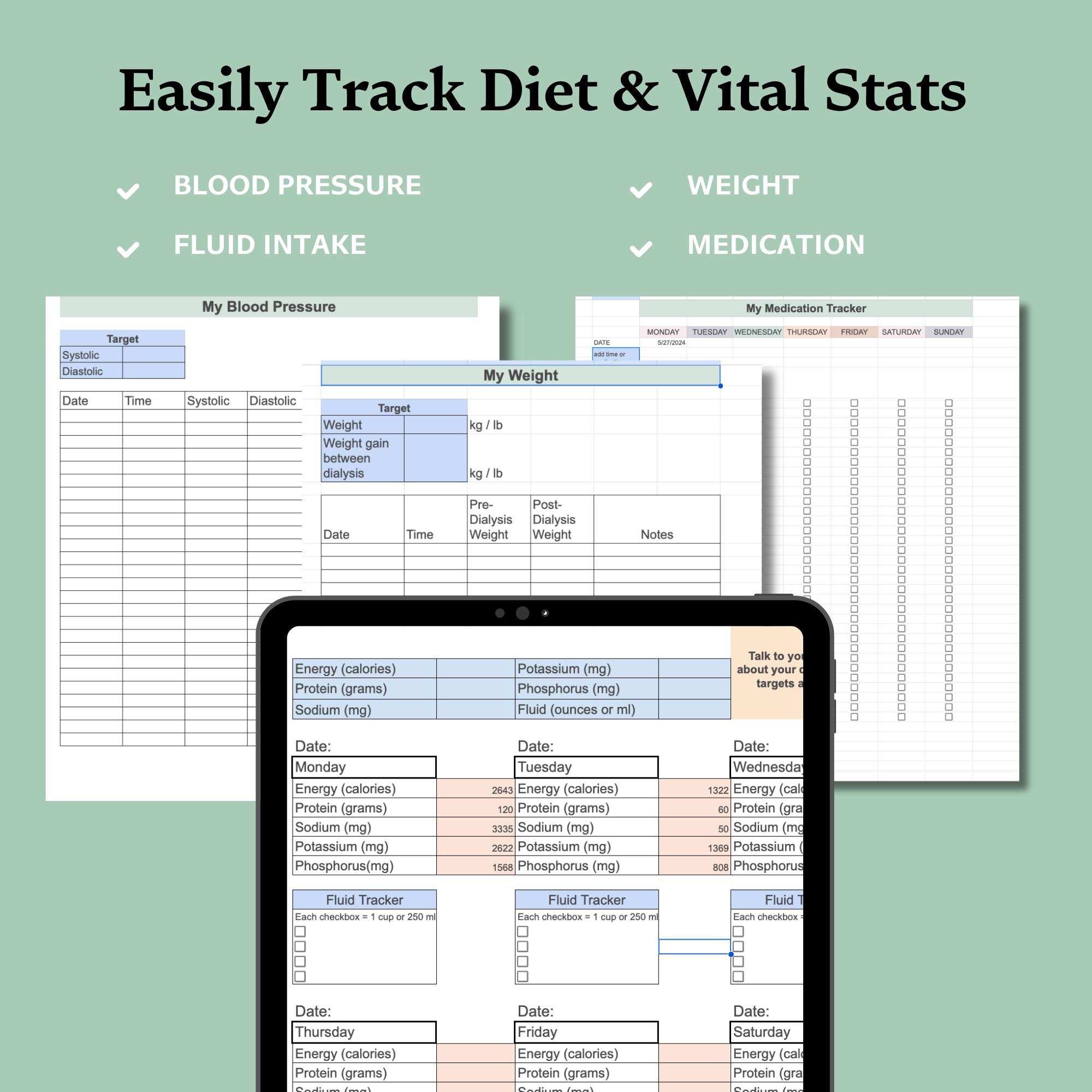 Kidney Care Spreadsheet Dialysis Diet Planner Nutrition Tracker Health ...