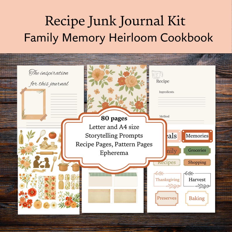 Recipe Junk Journal Printable Kit, Family Heirloom Cookbook - Etsy