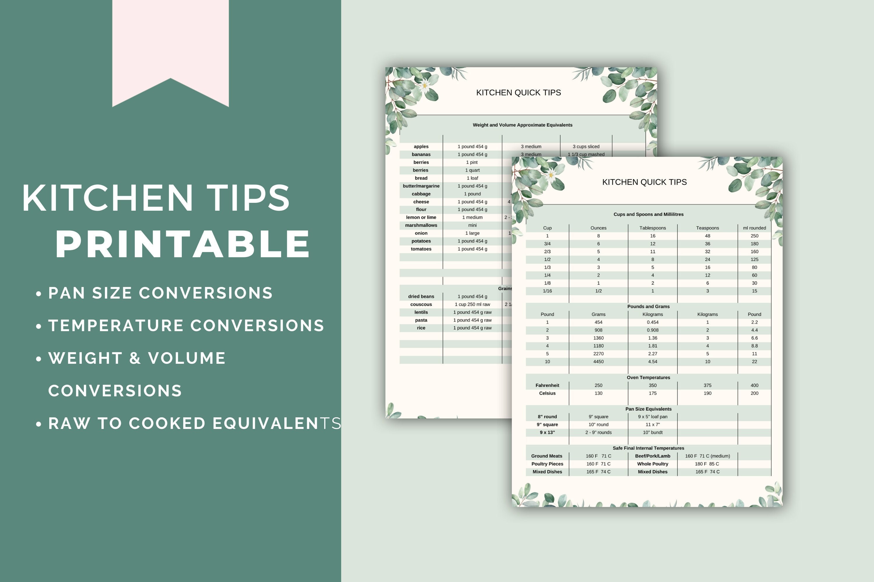 Kitchen Conversions Printable | Measurement Chart Ingredients | Cooking ...