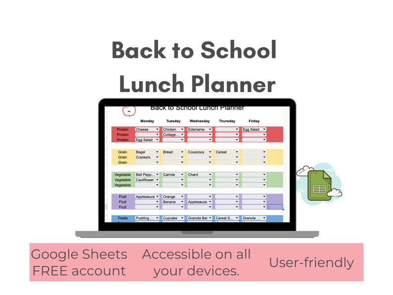 Back to School Lunch Planner Google Sheets Meal Prep Organizer Weekly ...
