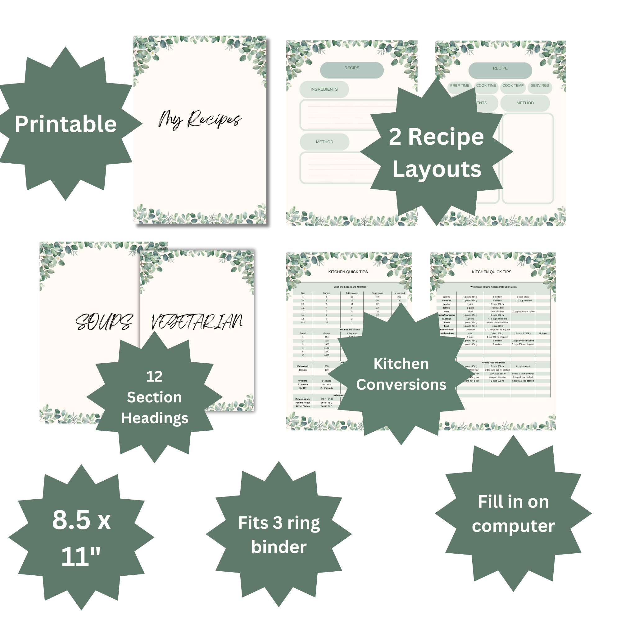 Editable Printable Recipe Binder Cookbook Template Recipe Book Template ...