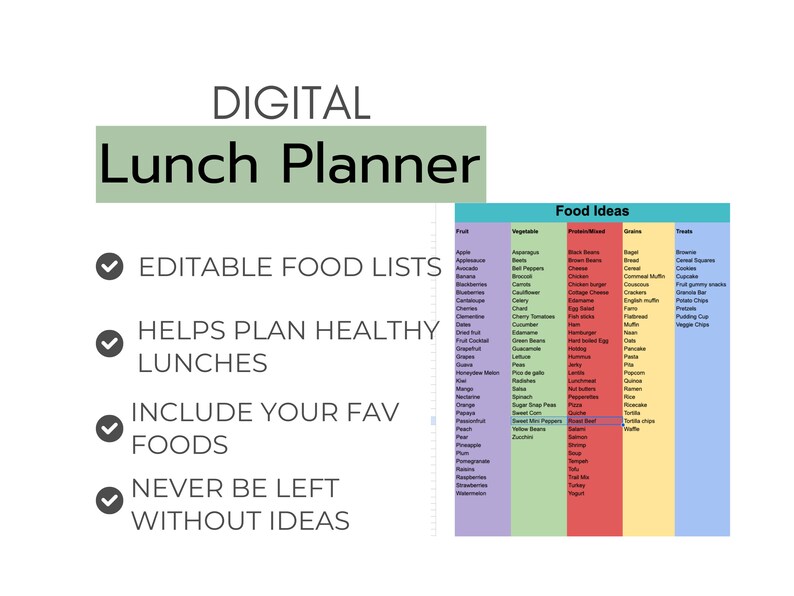 Back to School Lunch Planner Google Sheets Meal Prep Organizer Weekly ...
