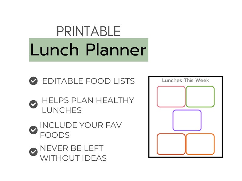School Lunch Planner Printable | Editable Weekly Lunch Menu | Meal Prep ...