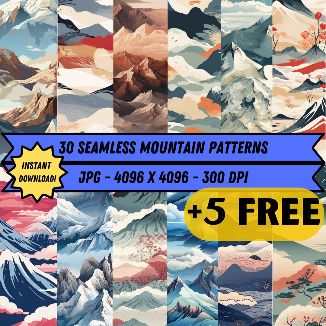 30 Seamless Mountain Patterns, Japanese Mountains, Digital Download ...