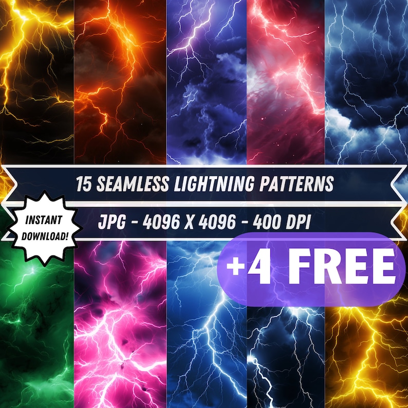 15+4 Seamless Lightning Patterns, Digital Download, Thunderbolt Vector ...