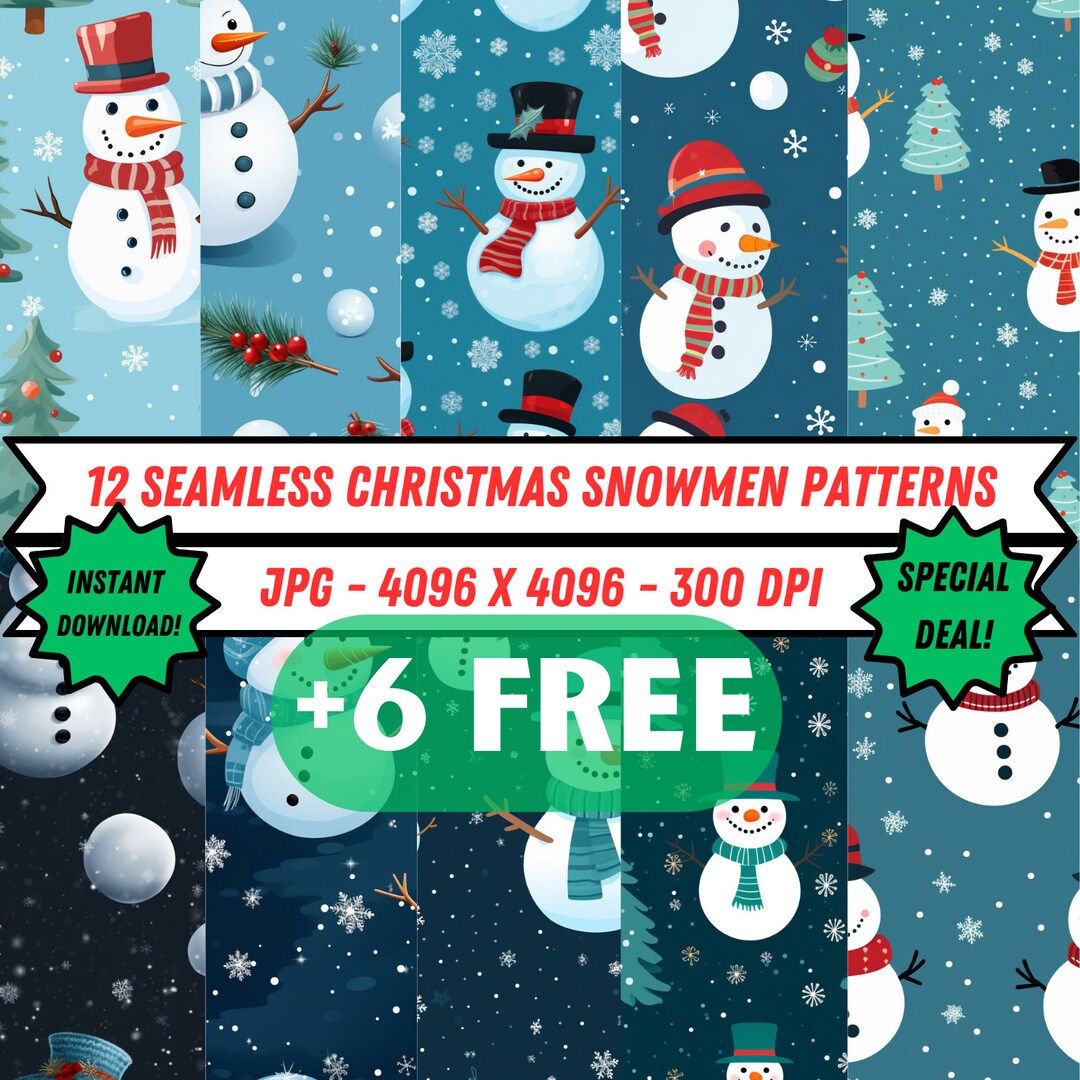 12 Seamless Christmas Snowmen Patterns, Digital Download, Digital Paper ...
