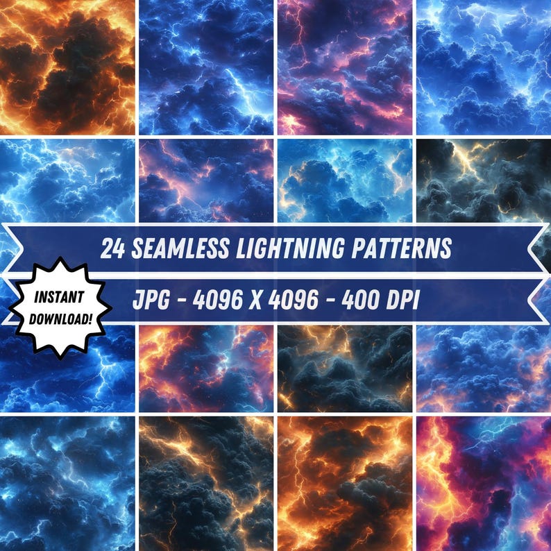 24 Seamless Lightning Patterns, Digital Download, Thunderbolt Vector ...