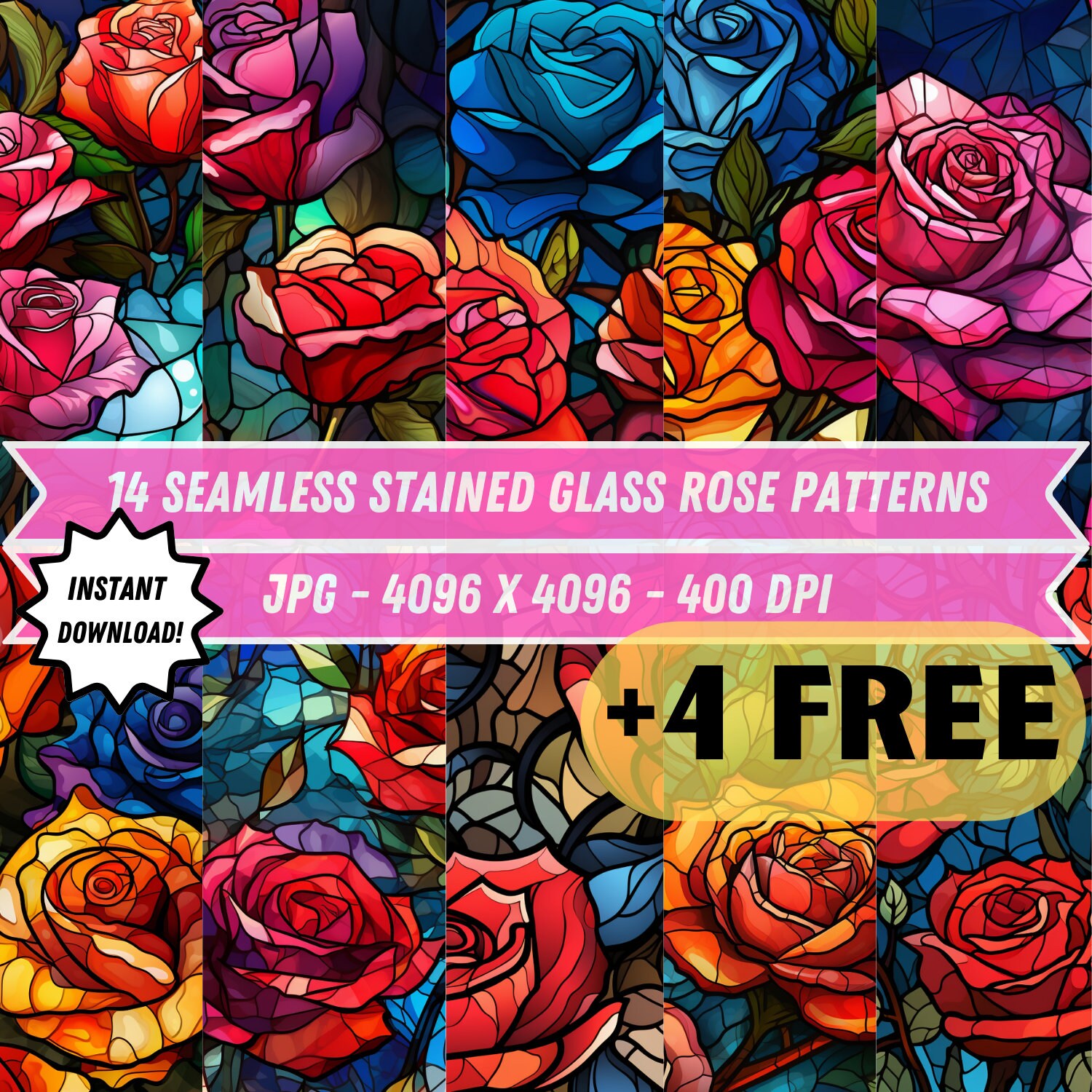 14+4 Seamless Stained Glass Rose Patterns, Digital Download, Digital ...