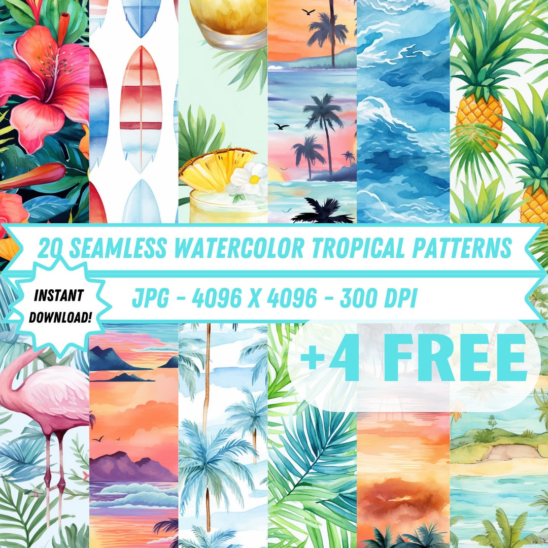 20 Seamless Watercolor Tropical Bundle, Digital Download, Digital Paper ...