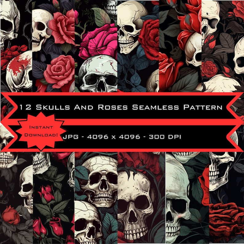 12 Skulls and Roses Seamless Pattern Bundle, Grunge, Gothic, Dark ...