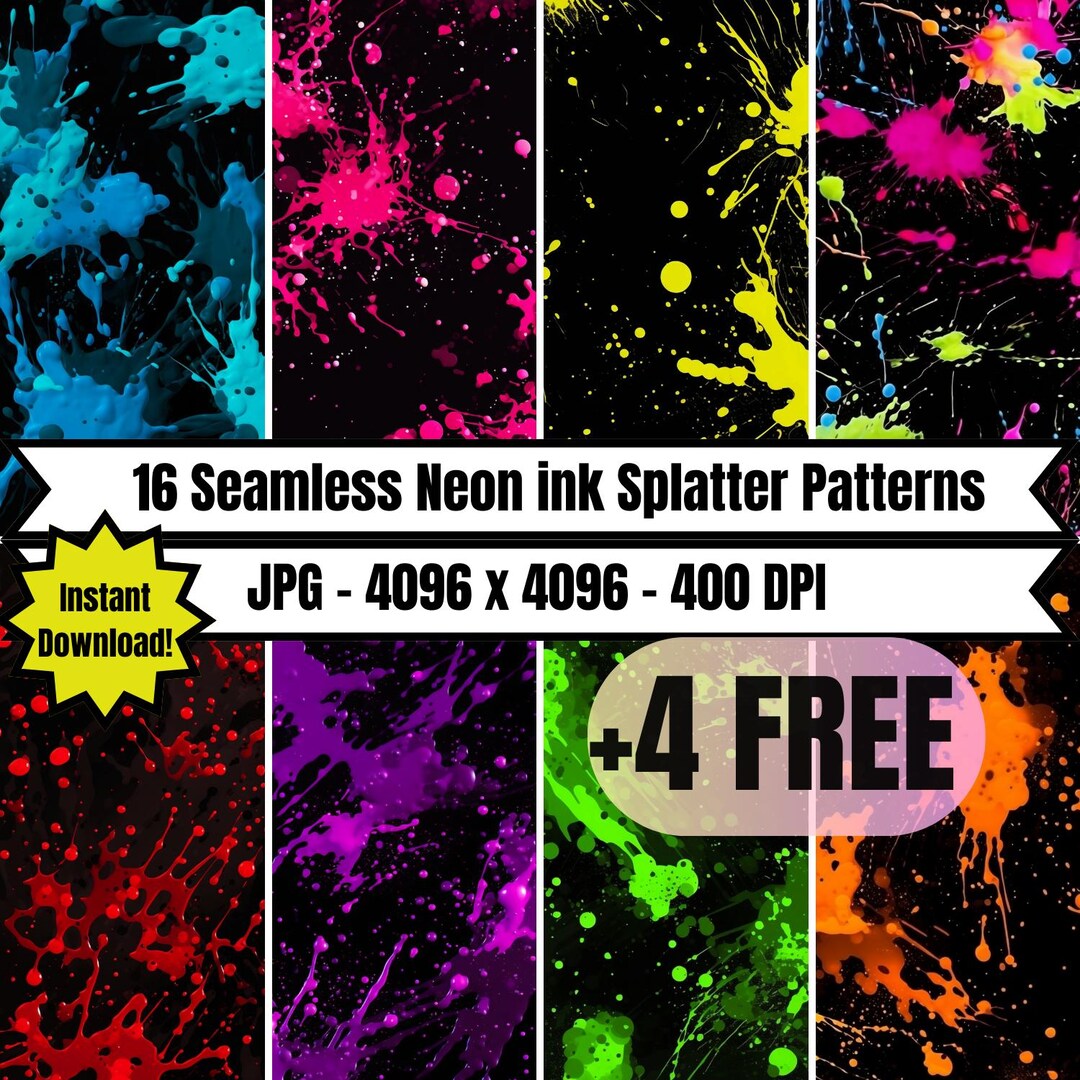 16 Seamless Neon Ink Splatter Patterns, 4096, 400 DPI, Seamless ...