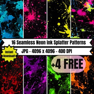 16 Seamless Neon Ink Splatter Patterns, 4096, 400 DPI, Seamless Printable, Neon Colors ...