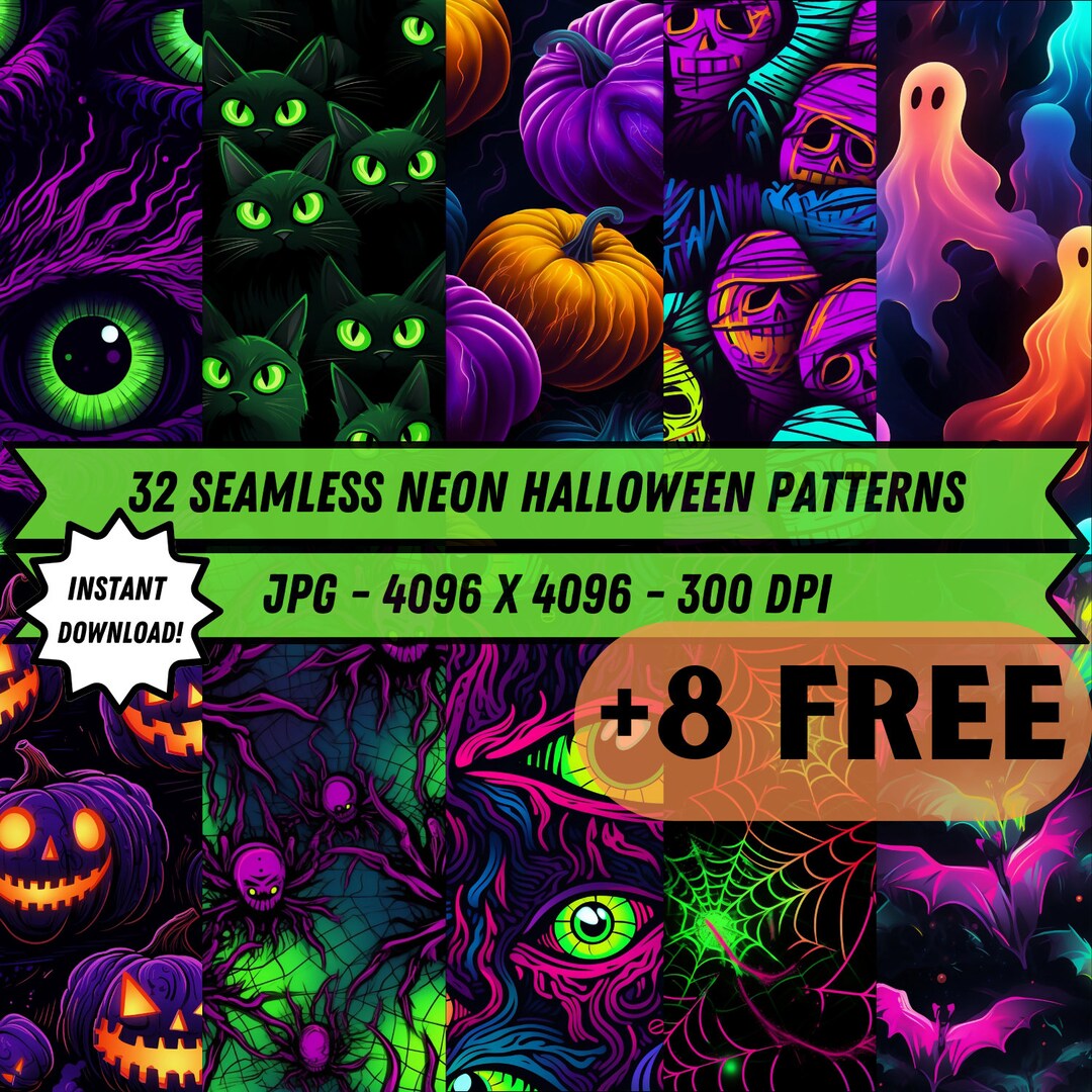 32 Halloween Neon Seamless Patterns, Digital Download, Instant Download ...