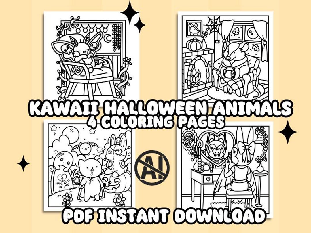 Cute Halloween Animals Coloring Pages Printable Kawaii Halloween ...