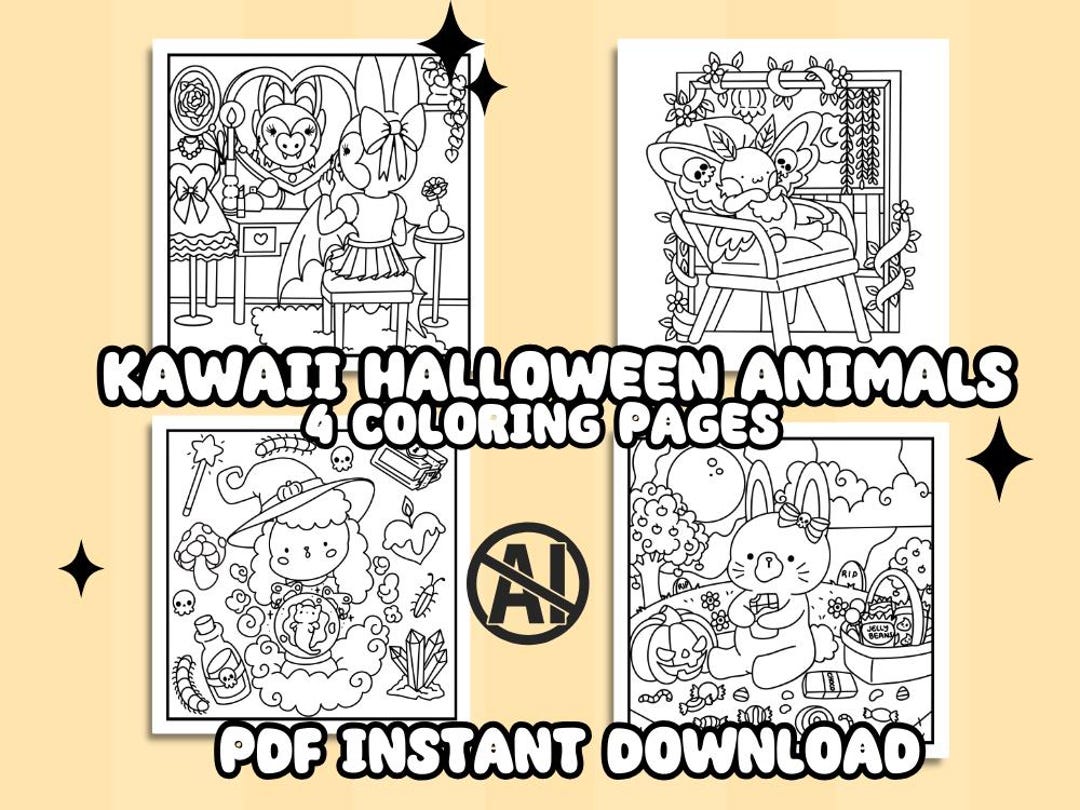 Cute Halloween Animals Coloring Pages Printable Kawaii Halloween ...