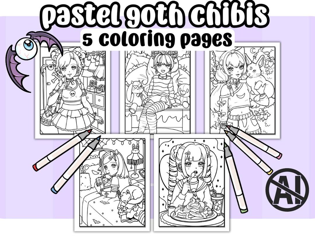 Pastel Goth Chibi Coloring Pages: Hand-drawn Kawaii Art (PDF) - Etsy
