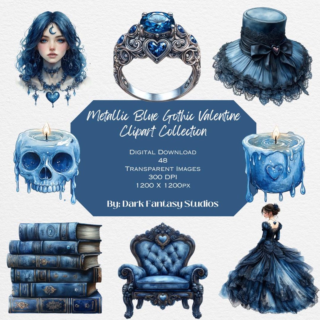 Watercolor Clipart Collection: Metallic Blue Gothic Valentine for Junk ...