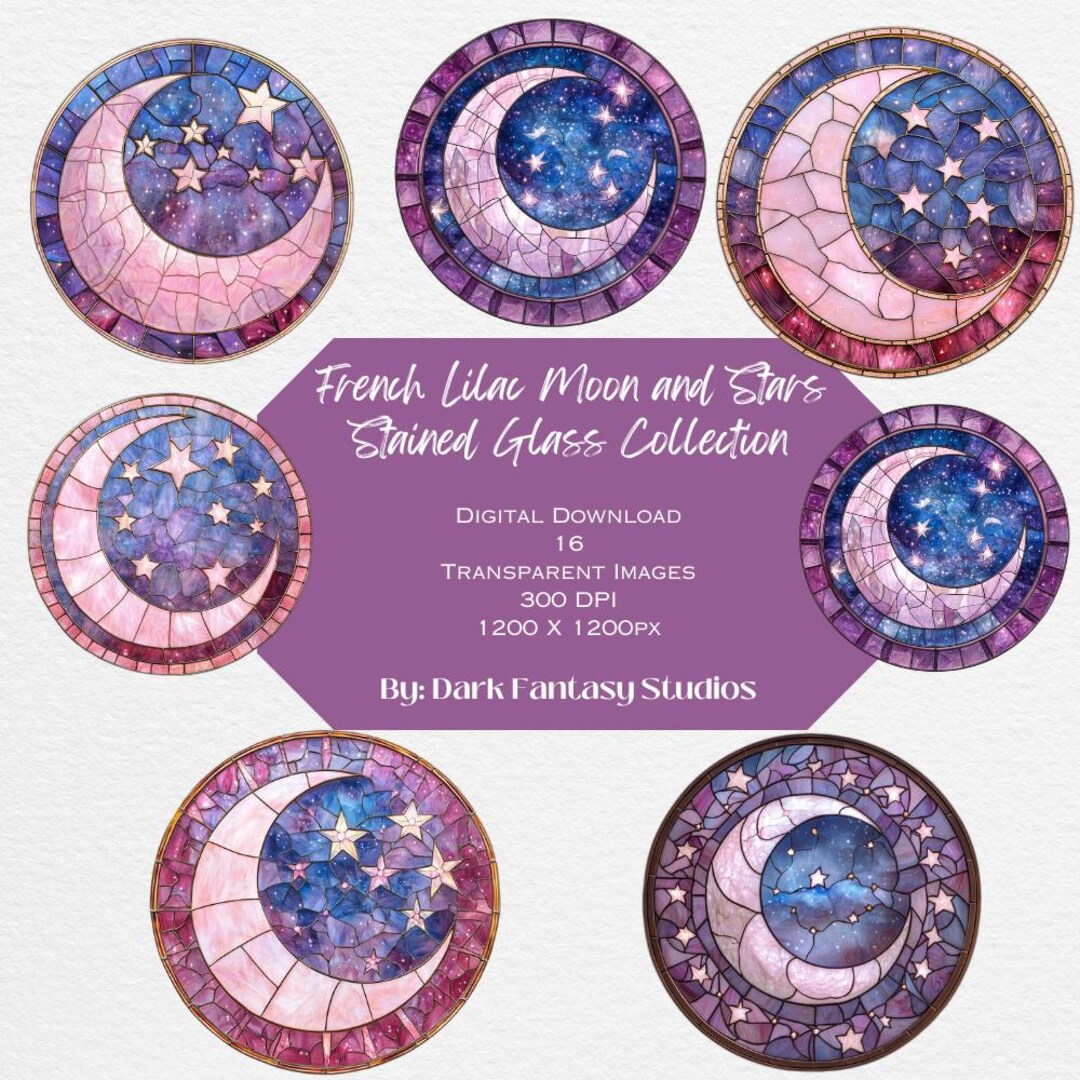 French Lilac Moon and Stars Stained Glass Collection - 16 Transparent ...