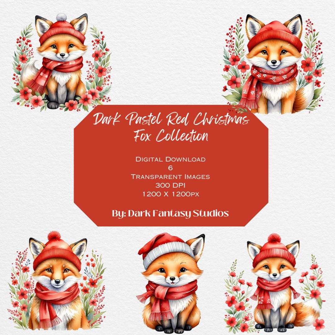 Dark Pastel Red Christmas Fox Clipart Collection, Junk Journaling ...