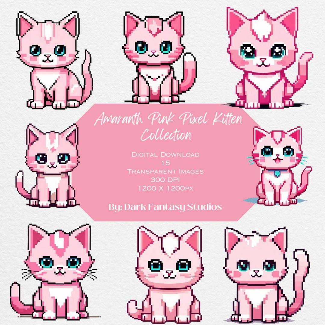 Amaranth Pink Pixel Kitten Clipart Collection, Junk Journaling ...