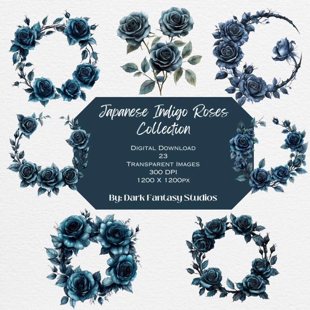Japanese Indigo Roses Clipart Collection, Junk Journaling, 23 PNG ...