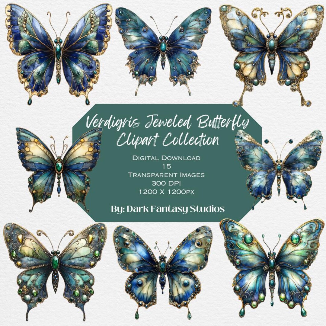 Verdigris Jeweled Butterfly Clipart Collection, Junk Journaling, 15 PNG ...