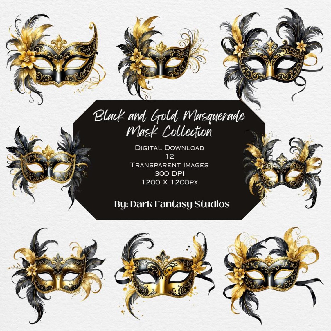 Black and Gold Masquerade Mask Clipart Collection, Junk Journaling ...