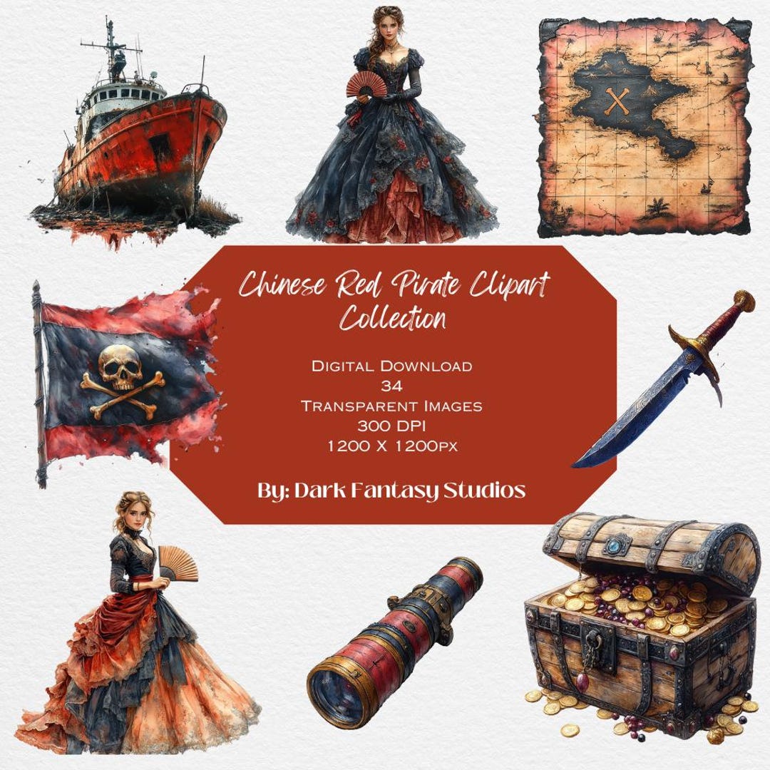 Chinese Red Pirate Clipart Collection, Junk Journaling, Scrapbooking ...