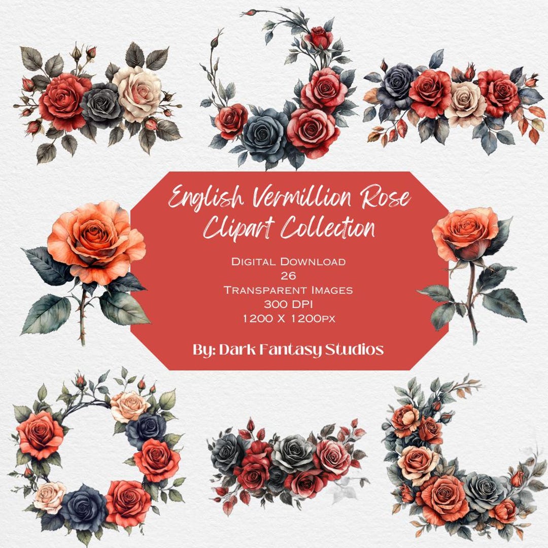 English Vermillion Roses Clipart Collection, Junk Journaling, 26 PNG ...