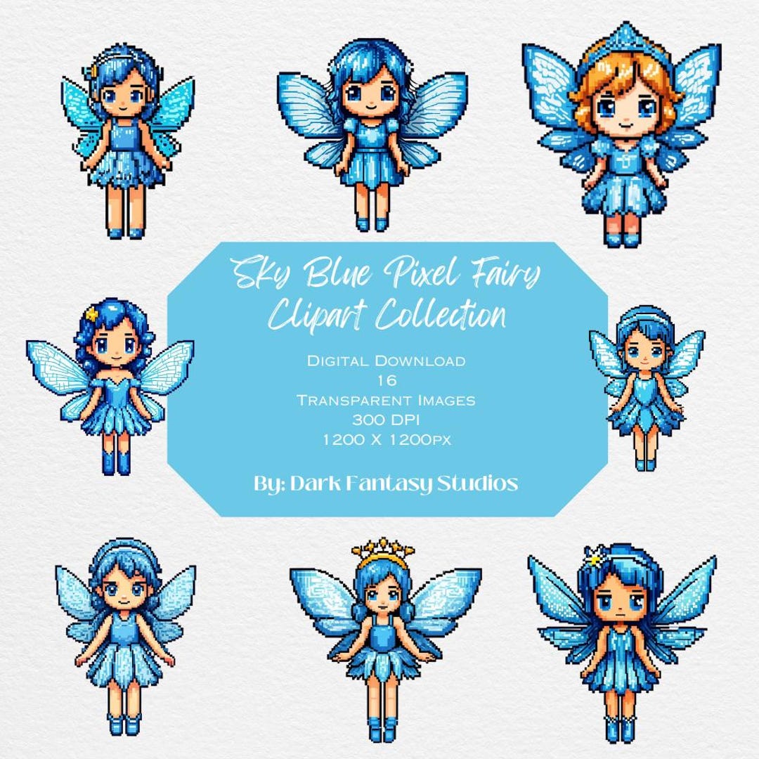Sky Blue Pixel Fairy Clipart Collection, Junk Journaling, Scrapbooking ...