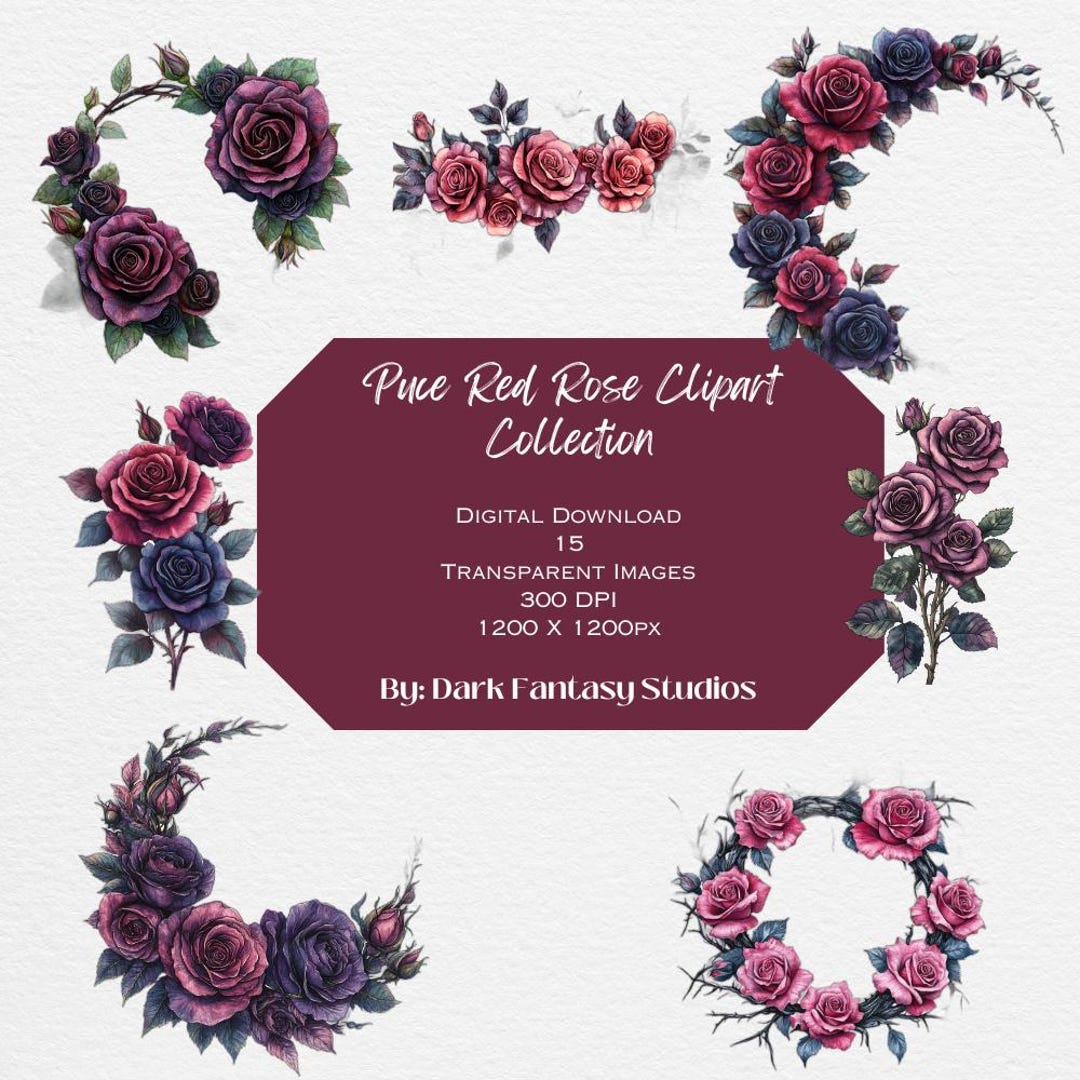 Puce Red Roses Clipart Collection, Junk Journaling, 15 PNG Images ...