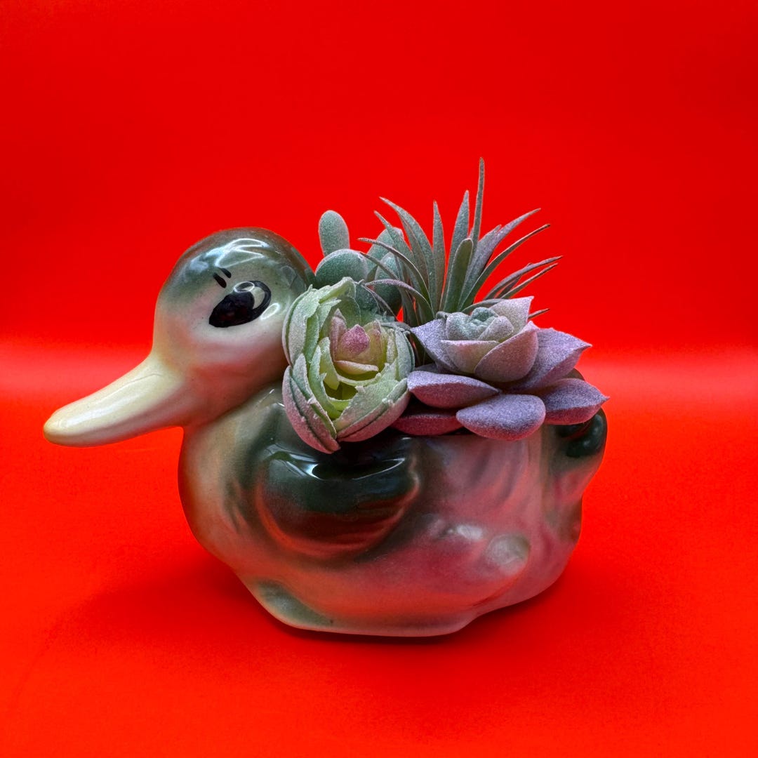 Vintage Ceramic Duck Planter: Green & Yellow Retro Decor - Etsy
