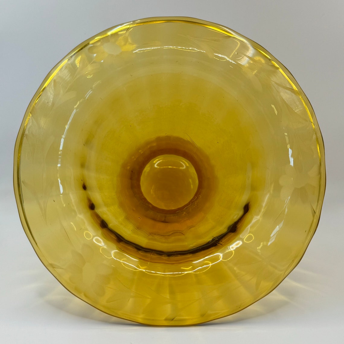Vintage Amber Glass Rolled Edge Vase With Etched Flowers Along Rim - Etsy