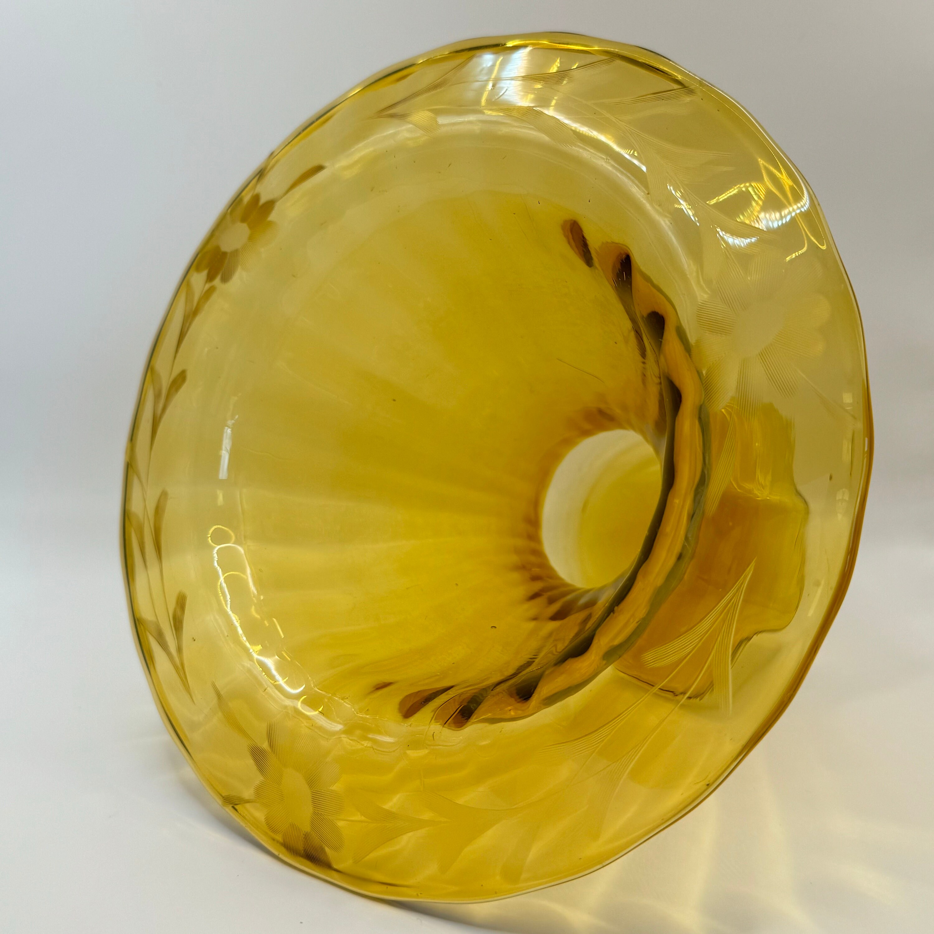 Vintage Amber Glass Rolled Edge Vase With Etched Flowers Along Rim - Etsy