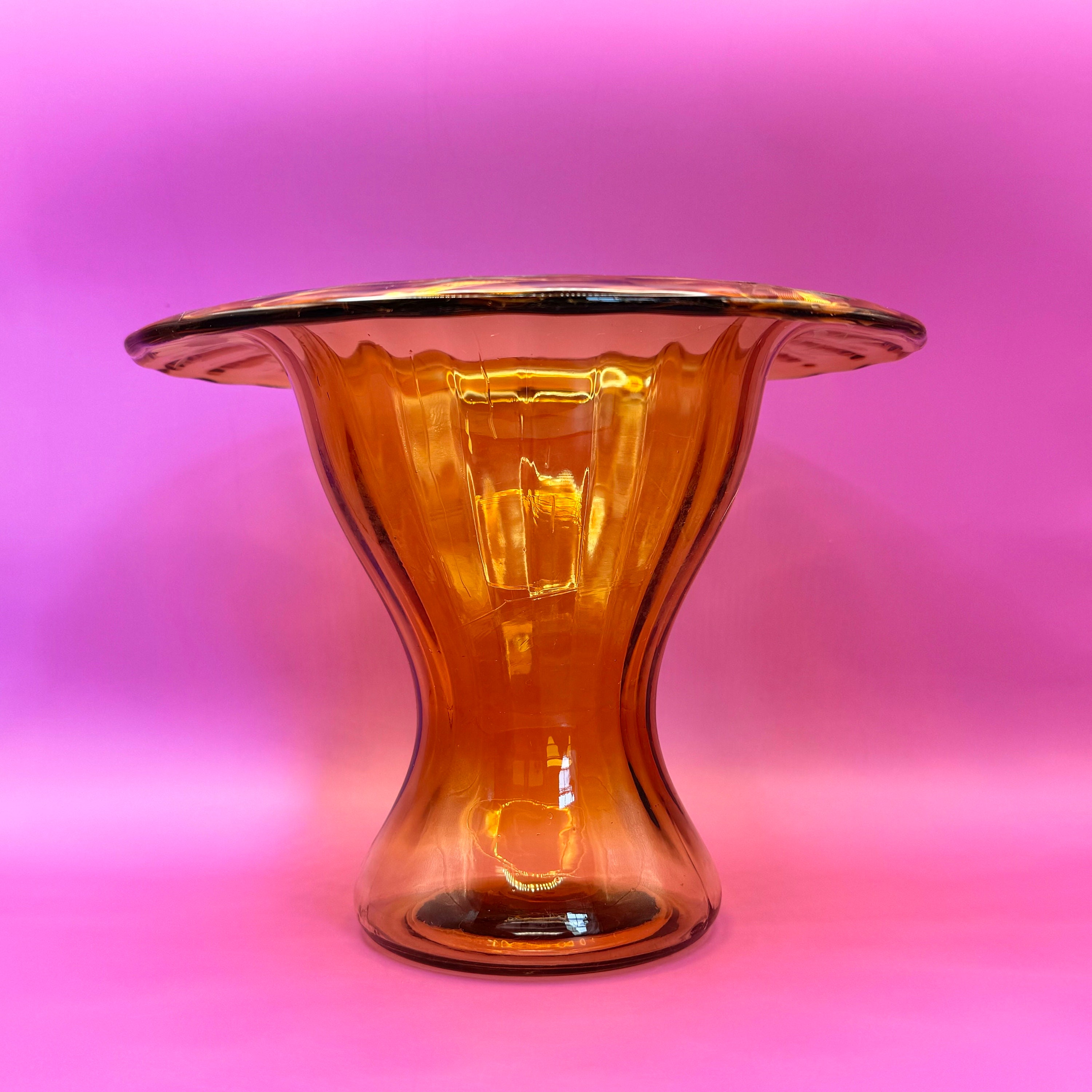 Vintage Amber Glass Rolled Edge Vase With Etched Flowers Along Rim - Etsy
